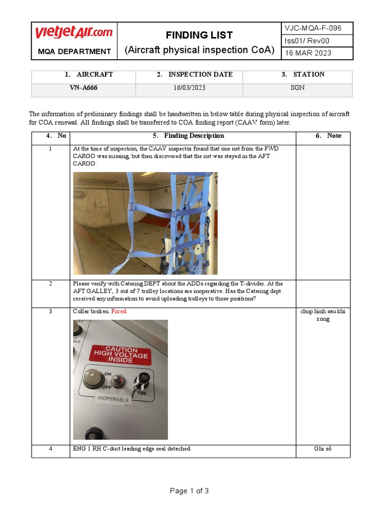 (Aircraft Physical Inspection Coa) : Finding List | PDF | Aviation ...