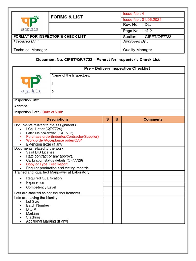 Pre-Delivery Inspection Checklist | PDF