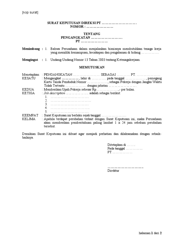 Draft Surat Pengangkatan PKWTT | PDF