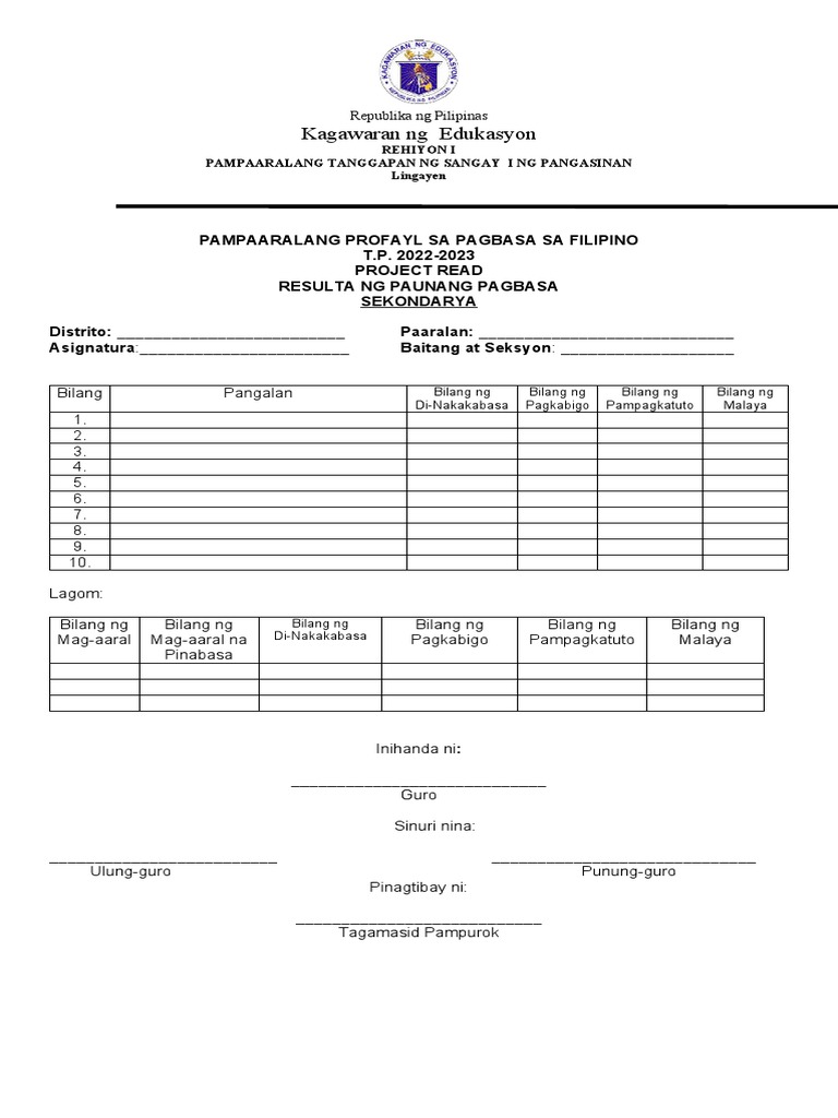 Project READ Pampaaralang Profayl Sa Pagbasa Filipino | PDF Project READ Pampaaralang Profayl Sa Pagbasa Filipino | PDF