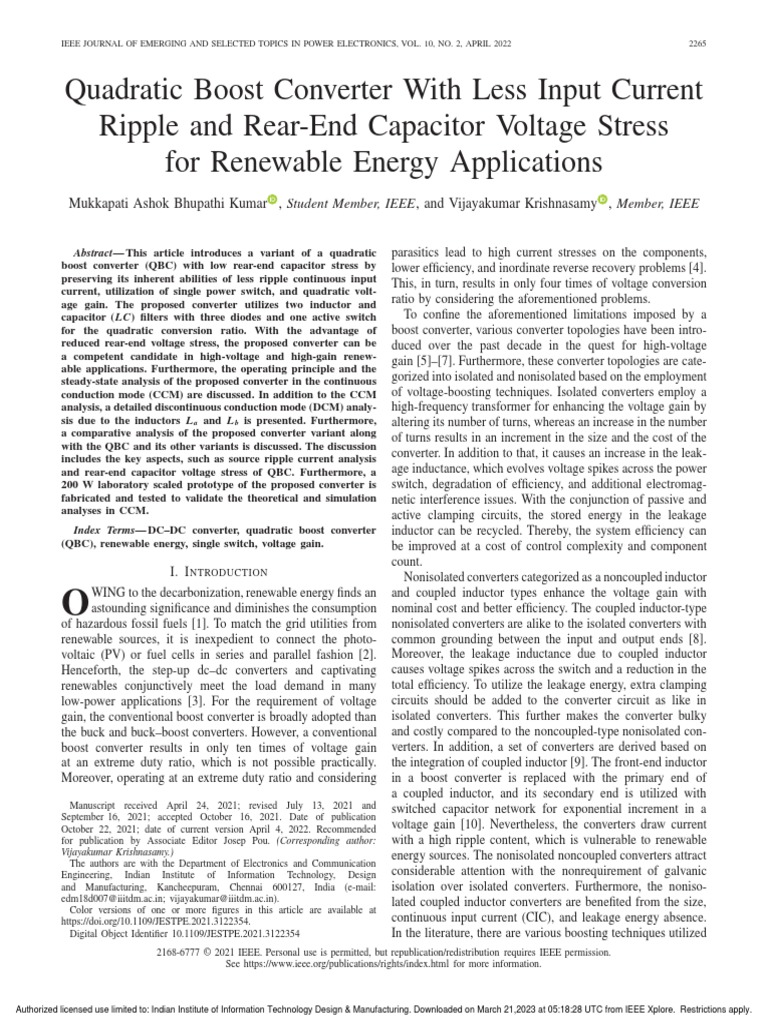Quadratic Boost Converter With Less Input Current Ripple and Rear-End Capacitor Voltage Stress ...