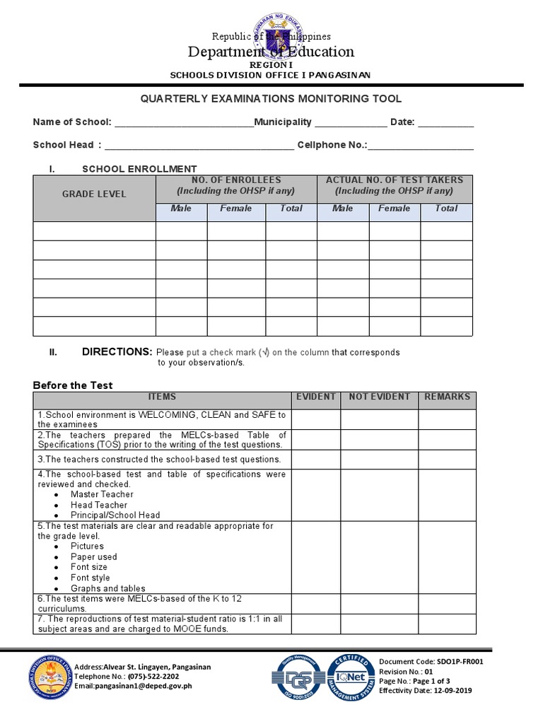 Quarterly Exam Monitoring Tool SDO | PDF