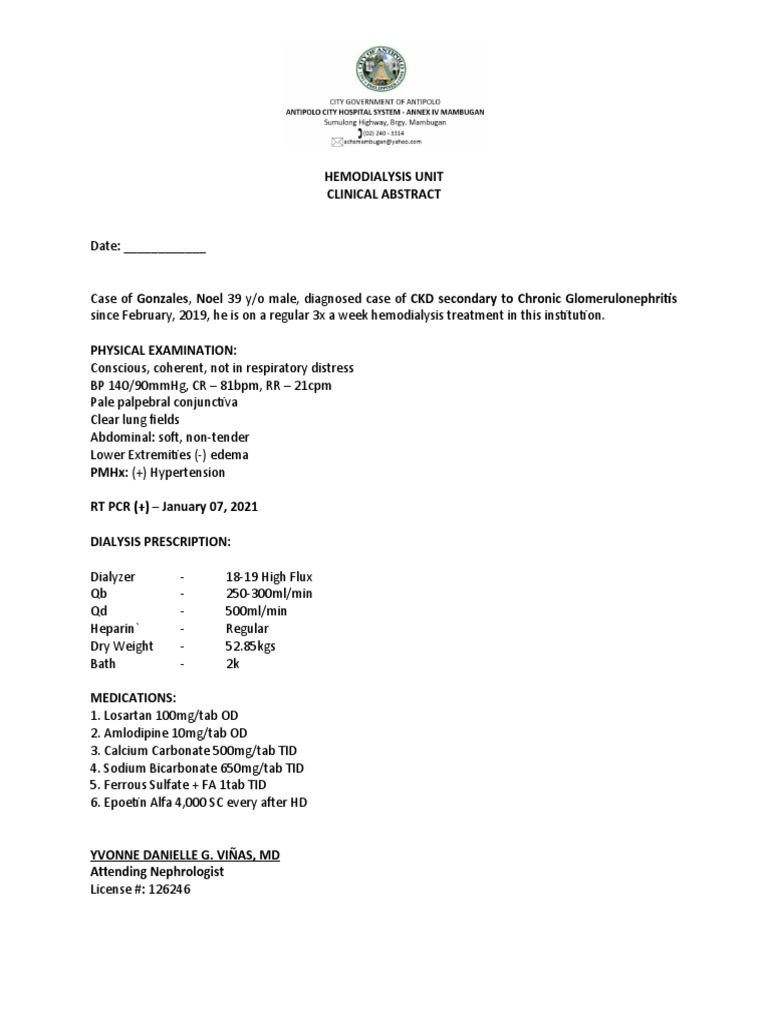 Hemodialysis Unit Clinical Abstract | PDF