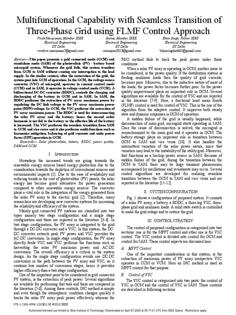 Multifunctional Capability With Seamless Transition of Three-Phase Grid ...