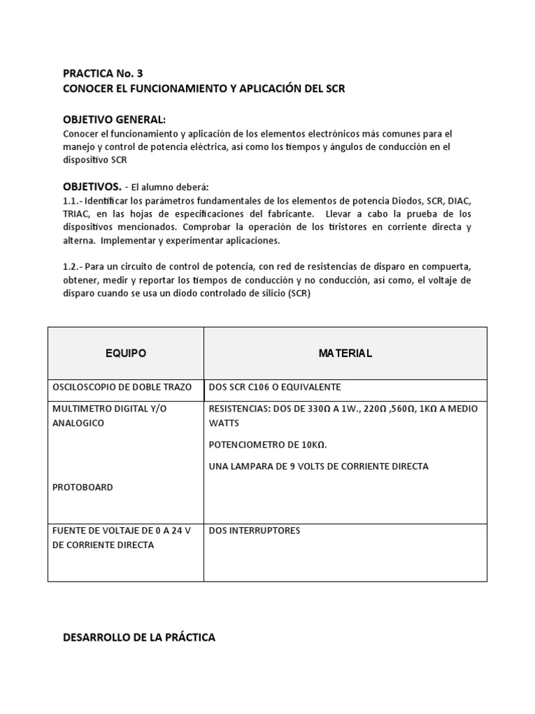 Practica No. 3 Conocer El Funcionamiento Y Aplicación Del SCR Objetivo ...