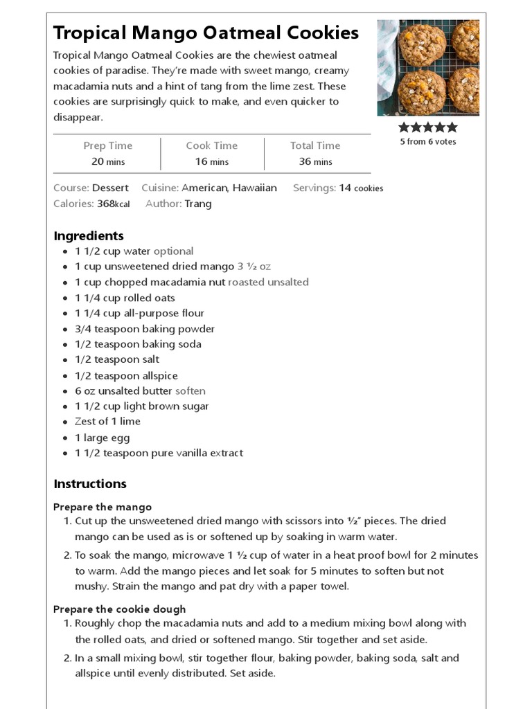 Tropical Mango Oatmeal Cookies Recipe | PDF | Oatmeal | Baking