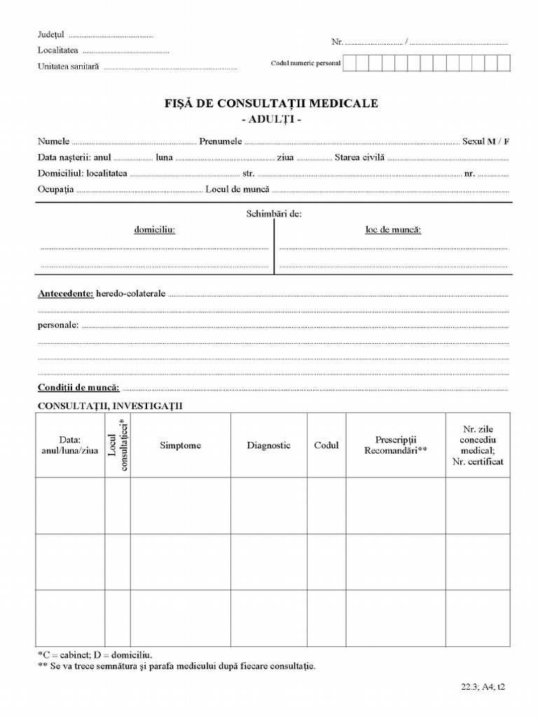 Fisa Consultatii Adulti Model | PDF