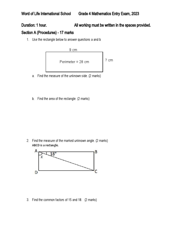Grade 4 Entry Exam | PDF | Mathematics