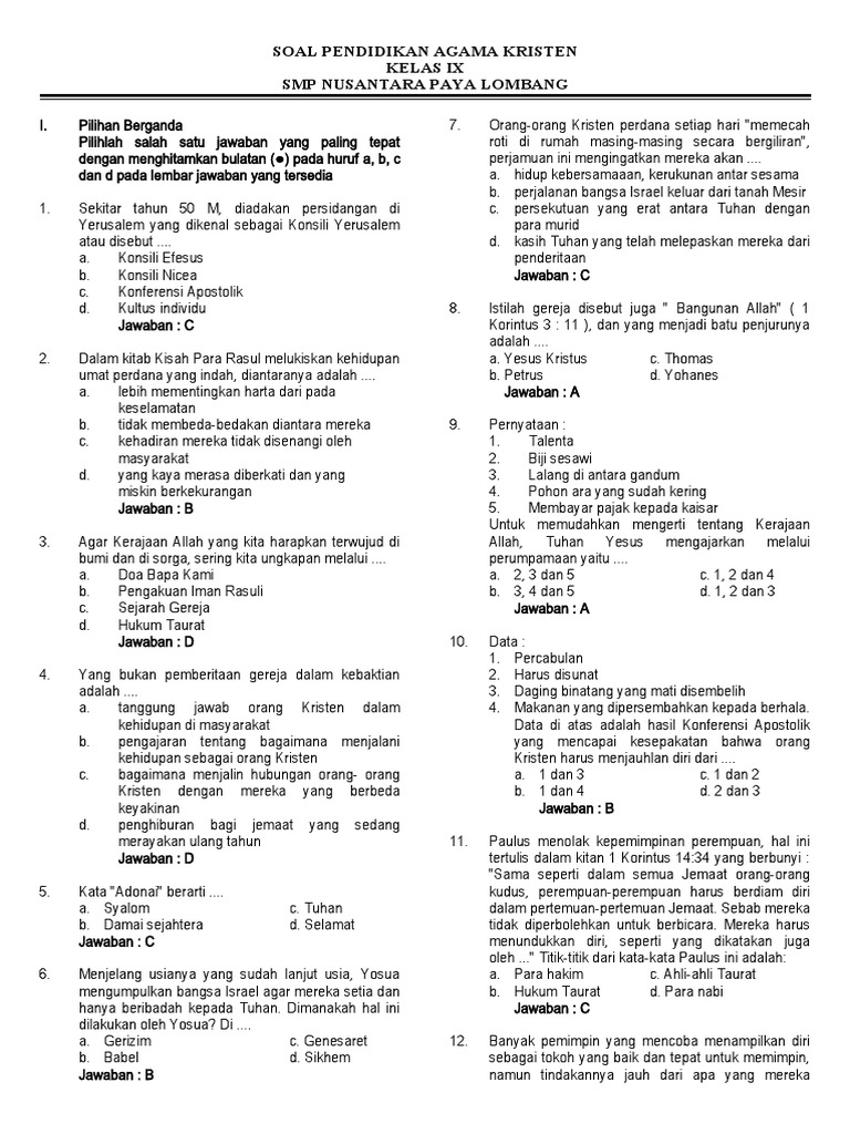 Soal Pendidikan Agama Kristen Kelas 9 | PDF | Agama & Spiritualitas