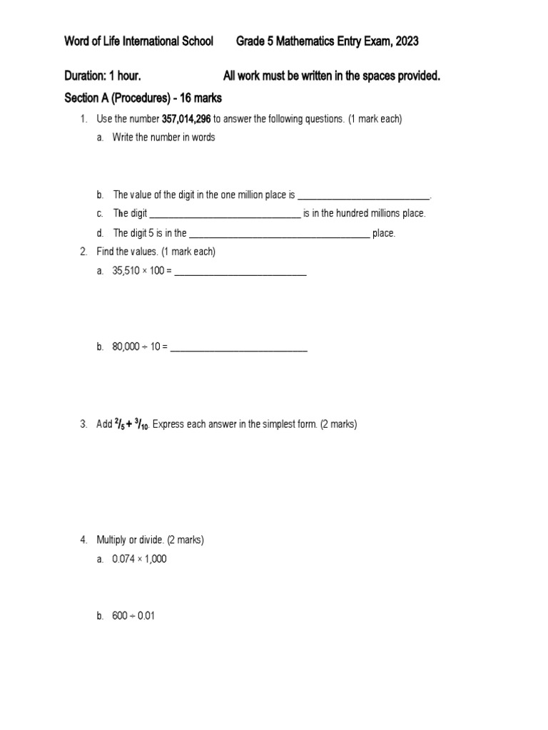 Grade 5 Entry Exam | PDF | Mathematics