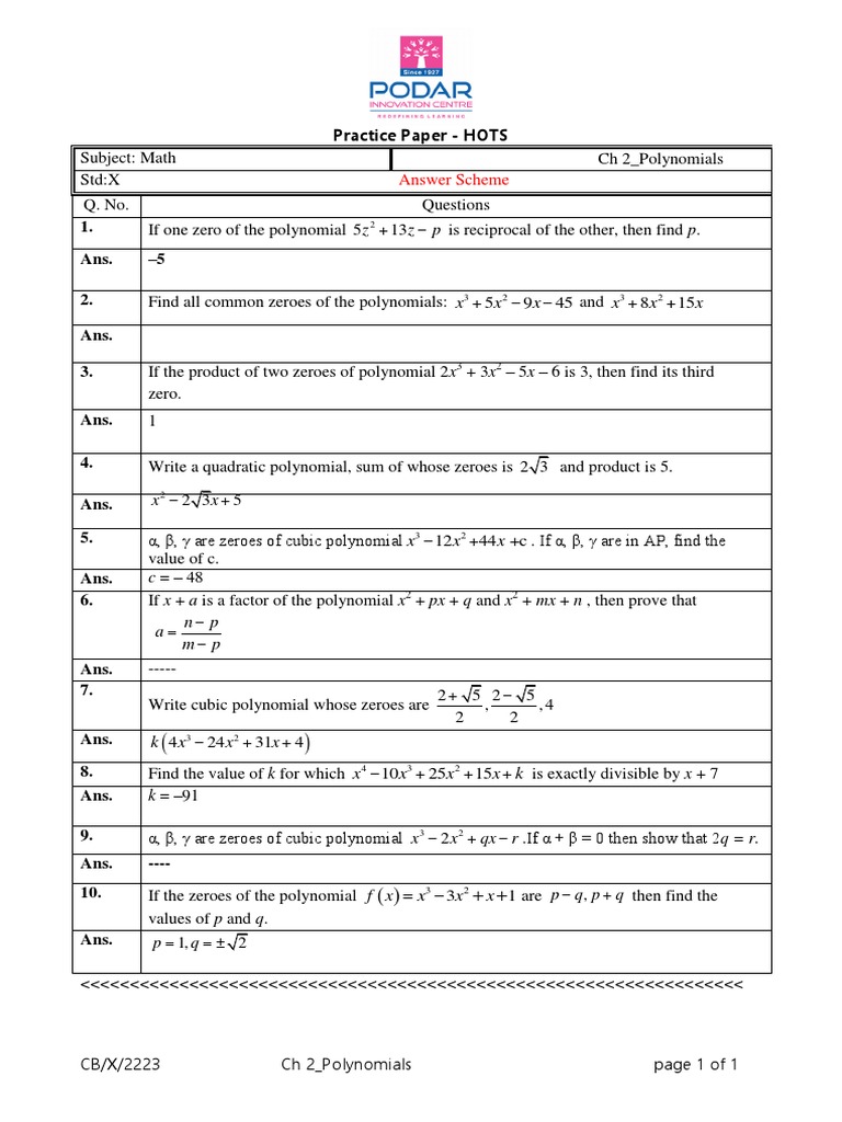 Class 10 Polynomials HOTS Questions | PDF
