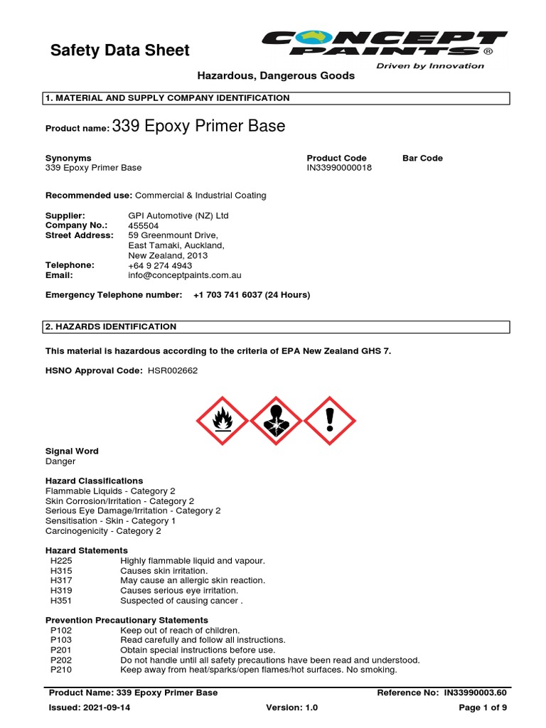 339 Epoxy Primer Base-SDS - NZ | PDF | Dangerous Goods | Personal Protective Equipment
