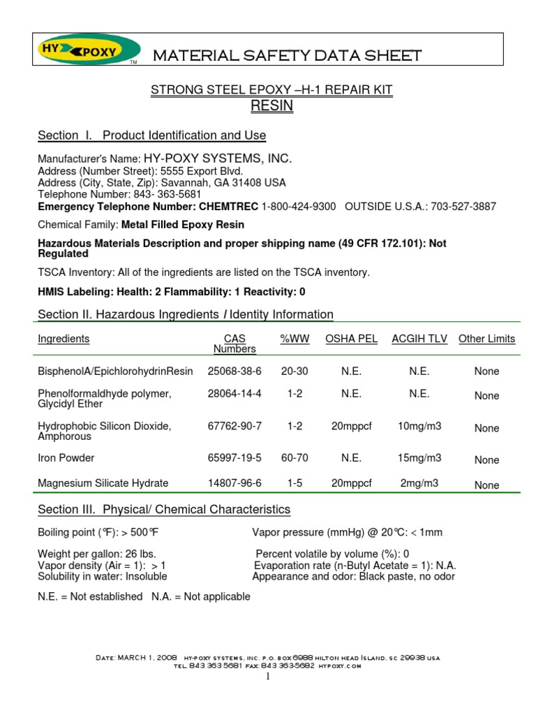 Hy-Poxy MSDS H-1 STRONG Steel Epoxy-Resin | PDF