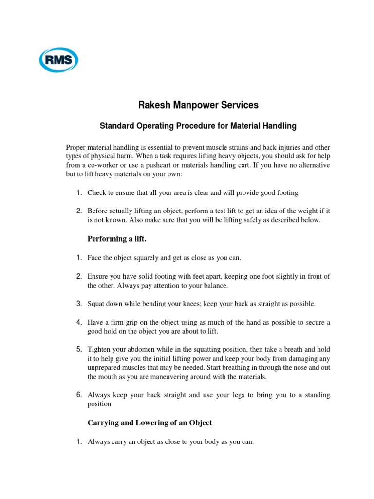Rakesh Manpower SOP for Safe Material Handling | PDF