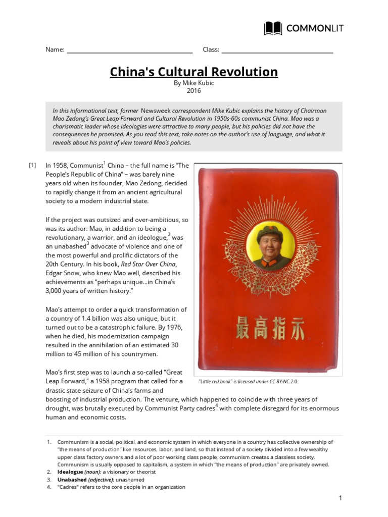 Cultural Revolution CommonLit | PDF | Mao Zedong | Cultural Revolution