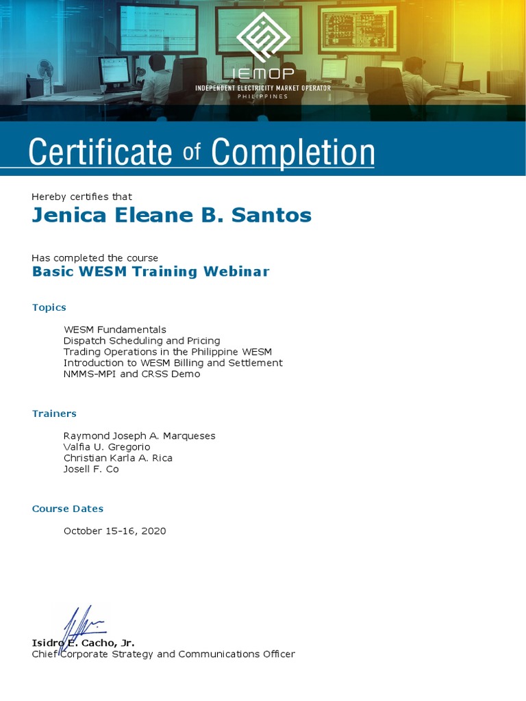 Basic WESM Training CoC-Eleane Santos | PDF