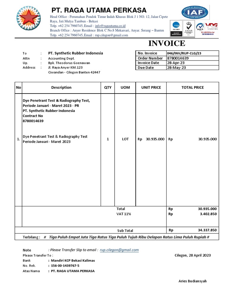 Invoice PT Raga Utama Perkasa 2023 | PDF
