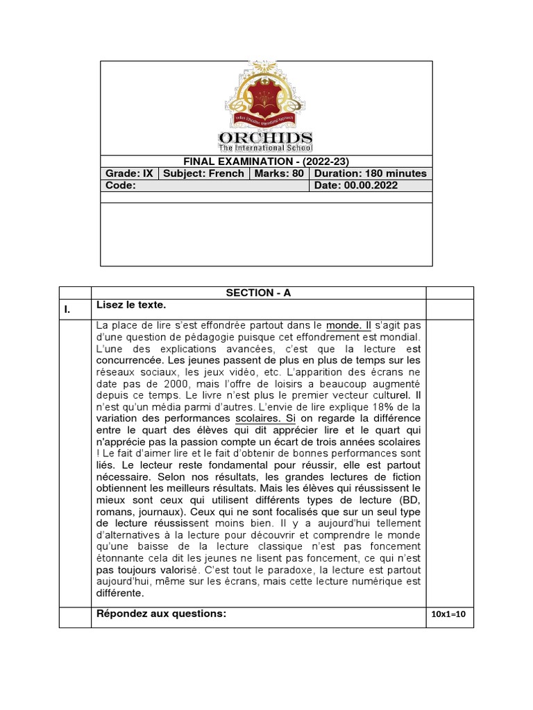 FE - Grade 9 - French - AS | PDF