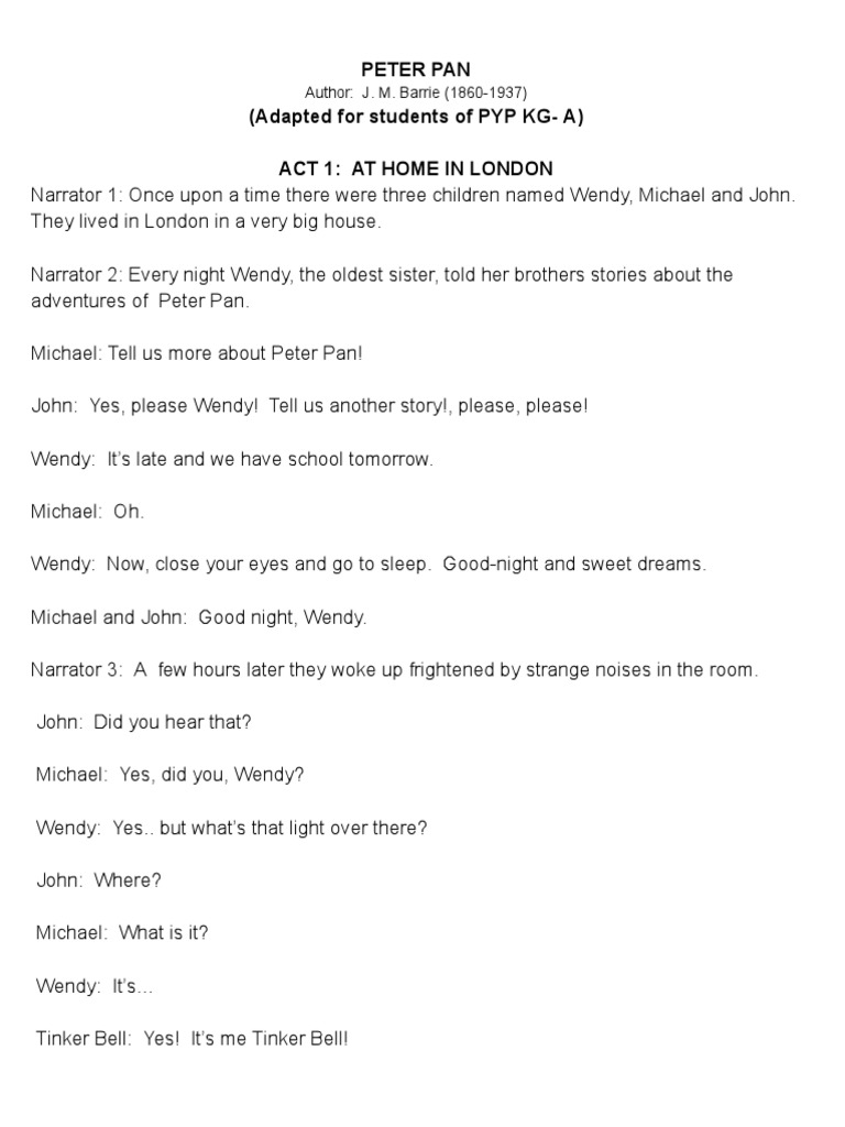 Peter Pan Script - PYP KG A | PDF | Wendy Darling | Peter Pan