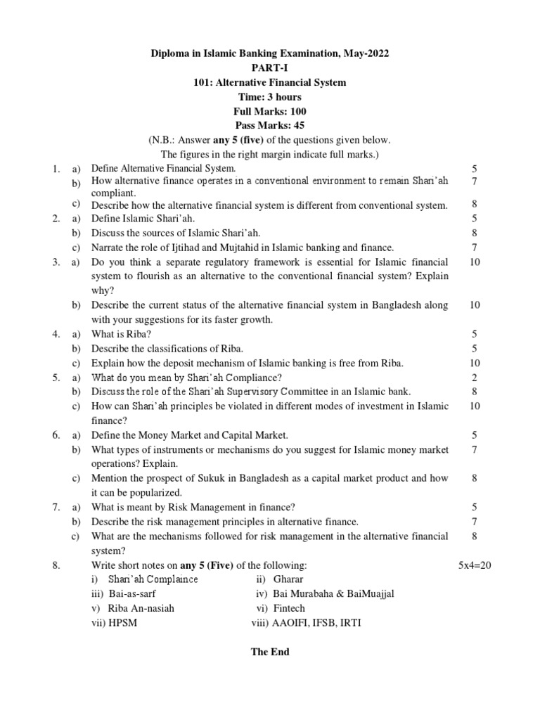 Diploma in Islamic Banking Examination, May-2022 Part-I 101 ...