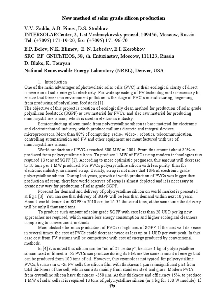 New Method of Solar Grade Silicon Production | PDF | Silicon ...