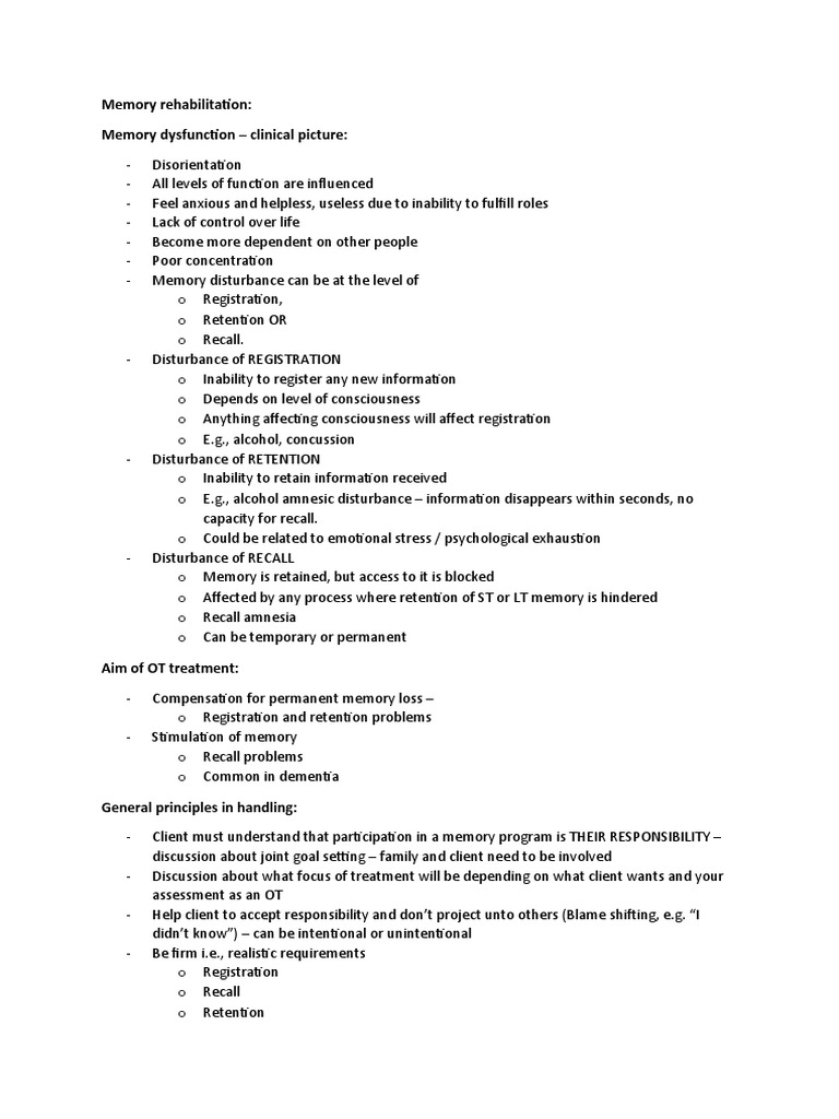 Memory Rehabilitation - OT | PDF | Memory | Recall (Memory)