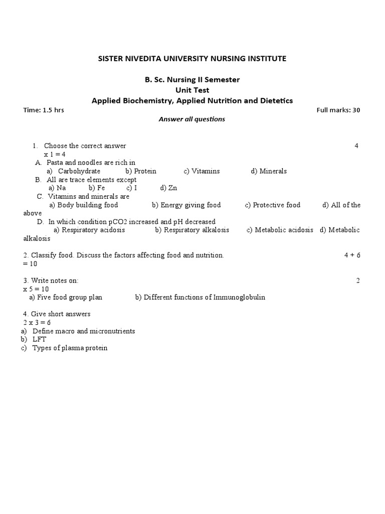 NUTRITION Biochemistry UNIT TEST QSTN | PDF | Nutrients | Nutrition