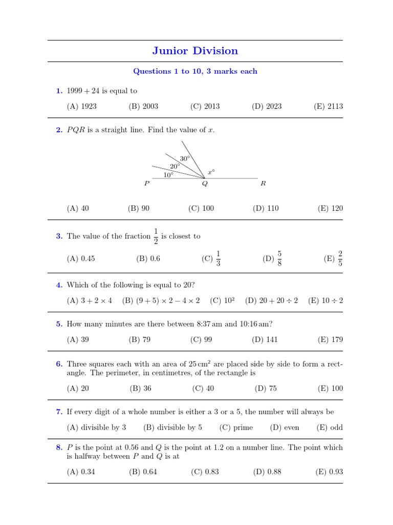 2013 Australian Mathematics Competition-Junior Years 7 and 8 | PDF ...