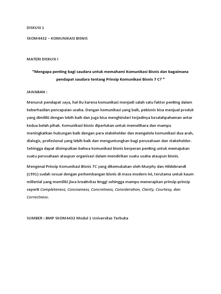 Diskusi 1 Skom4432 - Komunikasi Bisnis | PDF | Karier & Perkembangan | Bisnis