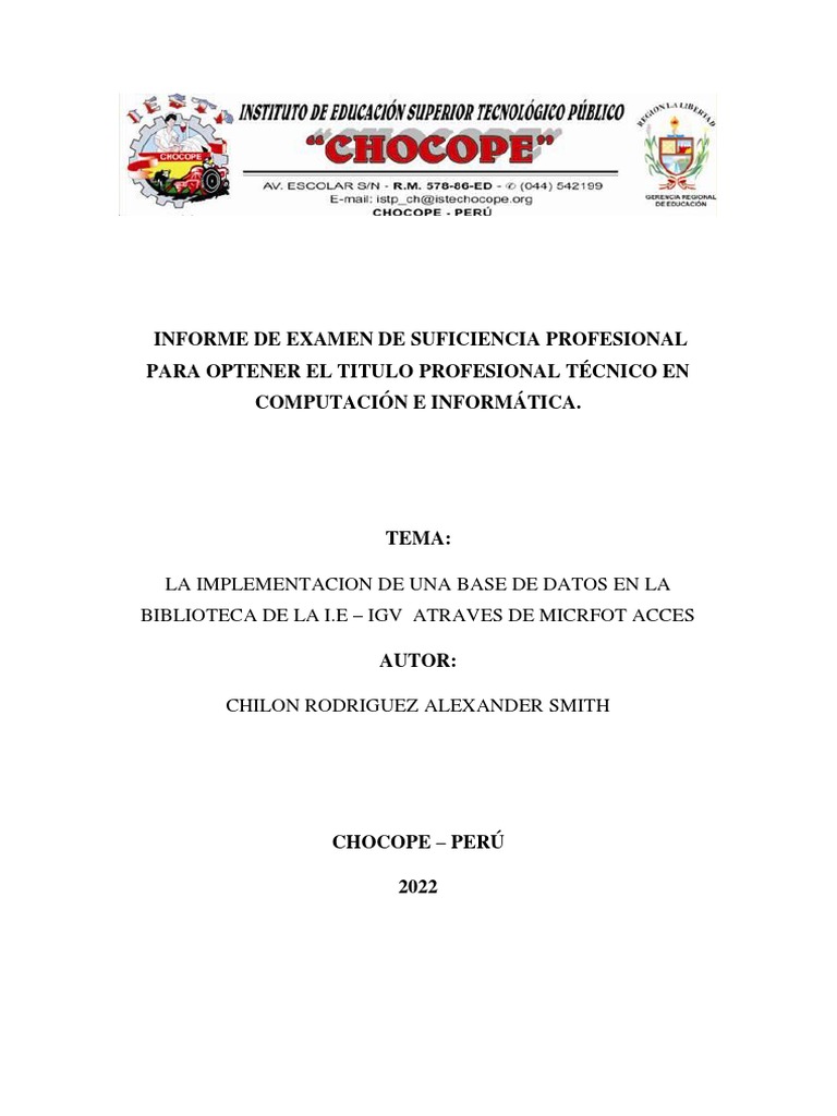 Informe de Examen de Suficiencia Profesional para Optener El Titulo Profesional Técnico en ...