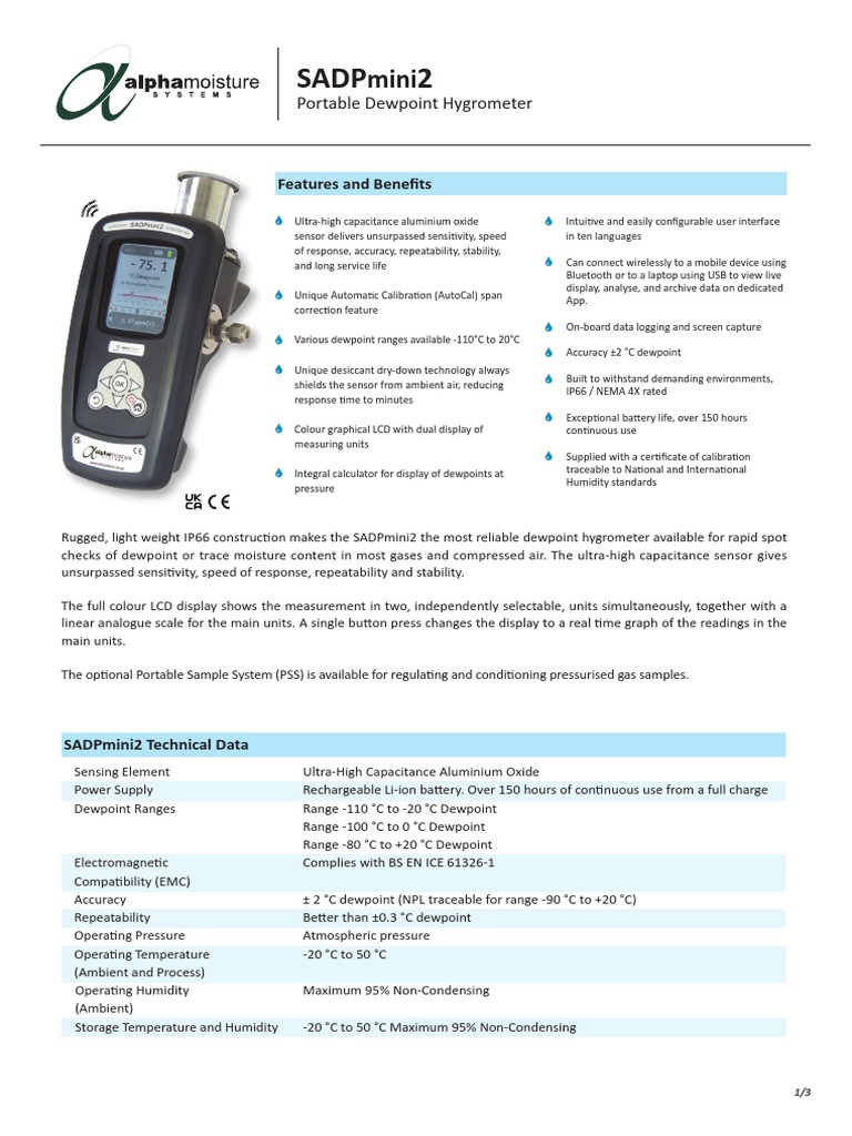 SADPmini2 Portable Dewpoint Meter Datasheet | PDF | Calibration | Gases