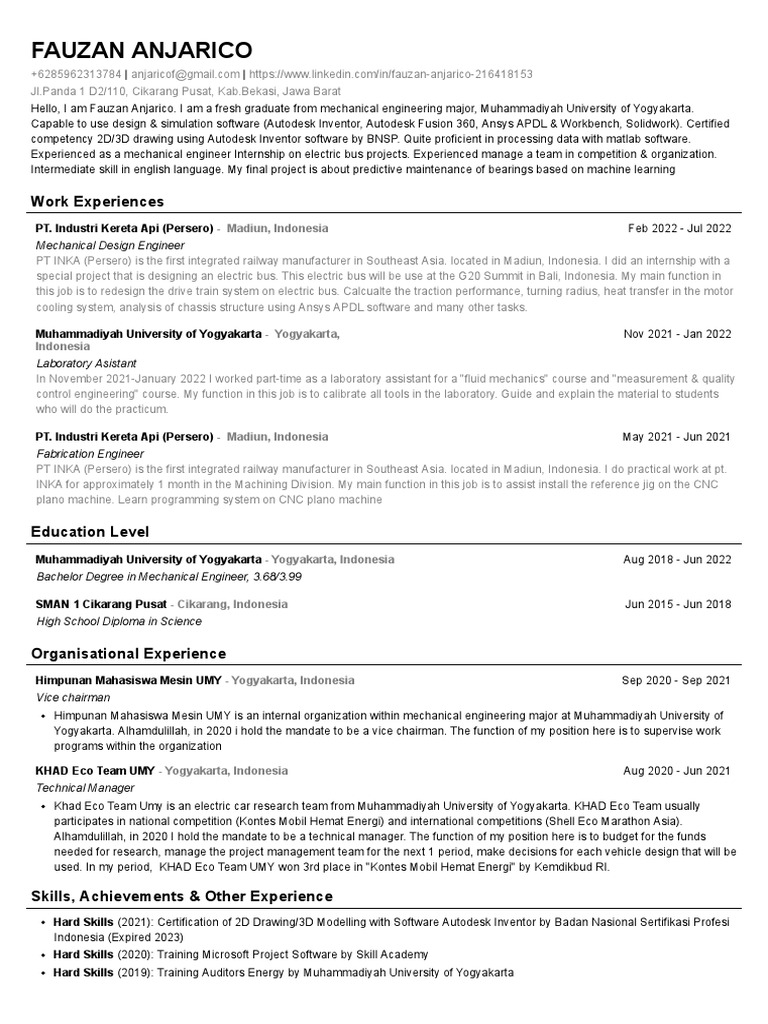 CV Fauzan Anjarico | PDF | Mechanical Engineering | Engineering