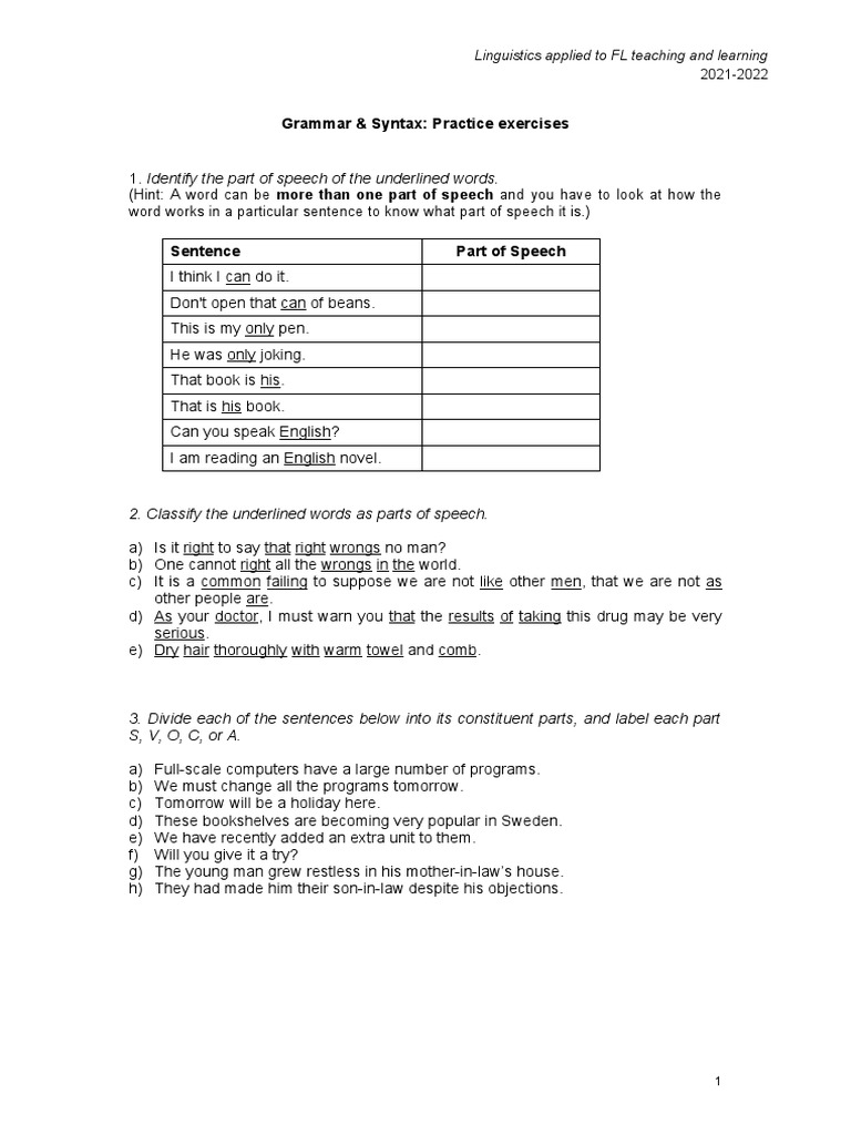 Syntax Exercises 2022 VC | PDF | Part Of Speech | Phrase