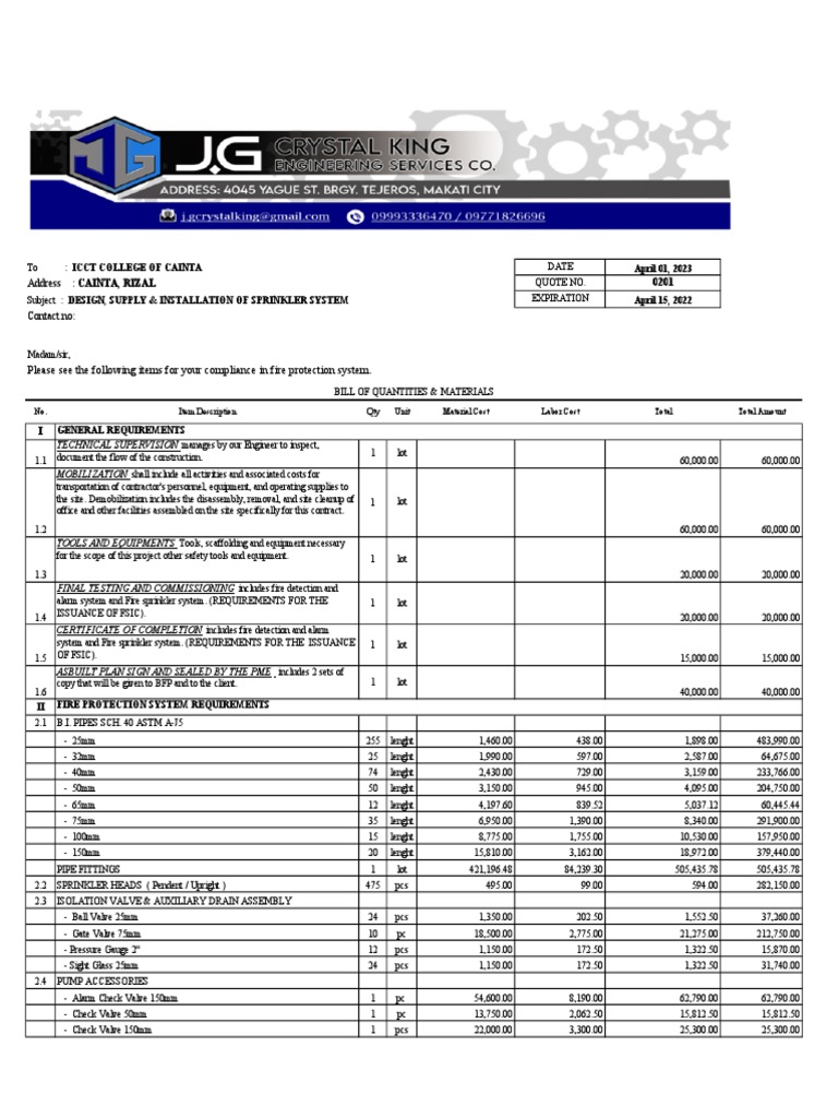 Quotation For Icct Cainta Sprinkler System | PDF | Valve | Fire Sprinkler System