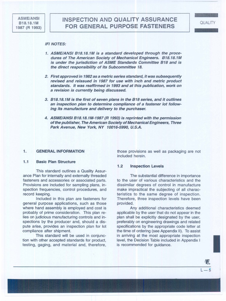 ASME ANSI B18.18.1M Inspection & QA For General Purpose Fasteners | PDF