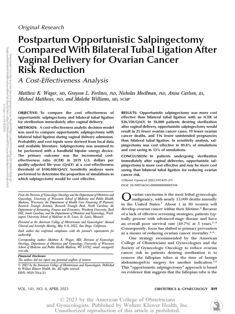 Postpartum Opportunistic Salpingectomy Compared.22 | PDF | Cost ...