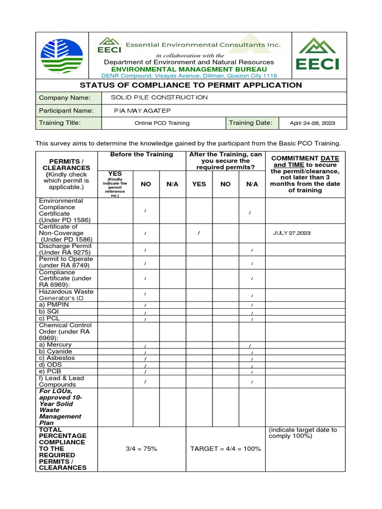 Status of Compliance To Permit Application: Department of Environment ...