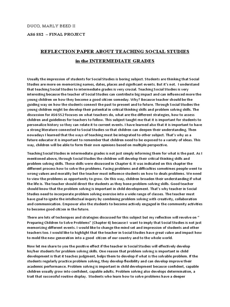 Reflection Paper Teaching Social Studies | PDF | Teachers | Critical ...