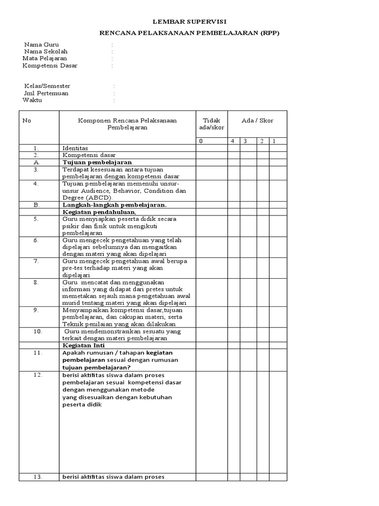 Instrumen Supervisi RPP | PDF