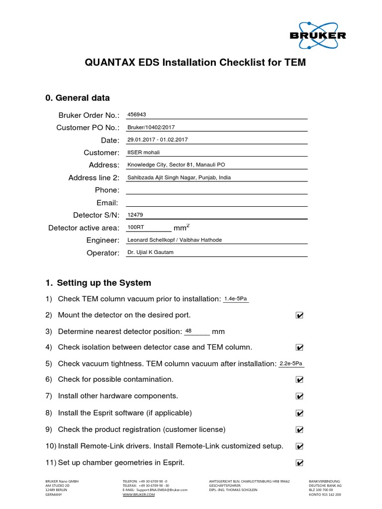 QUANTAX EDS Installation Checklist For TEM: 0. General Data | PDF ...