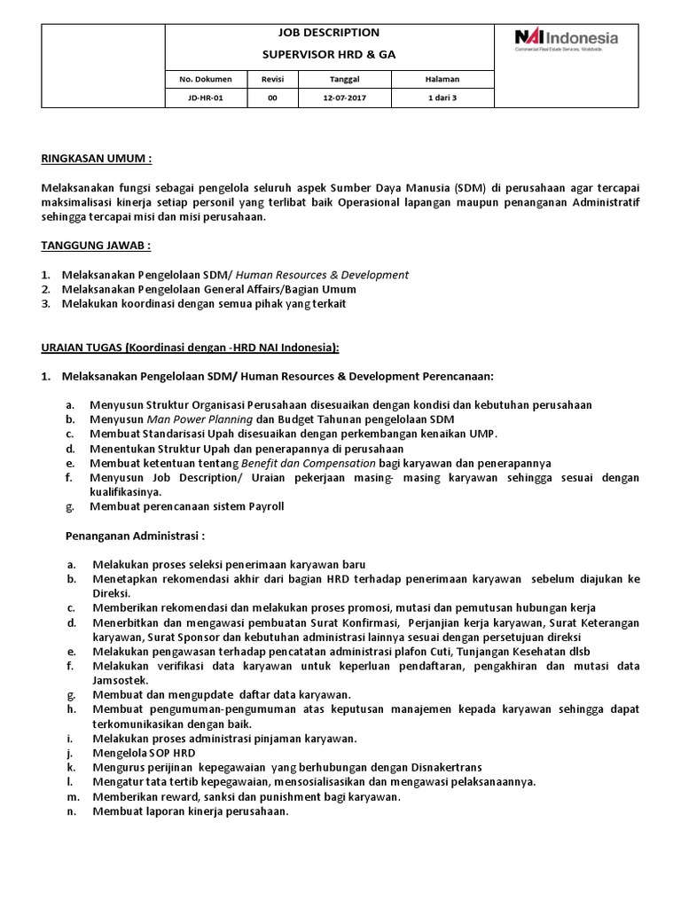 Job Des SPV HRD & GA | PDF