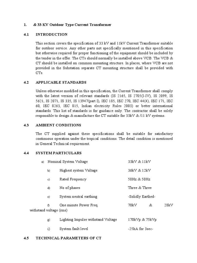 33kV Outdoor Current Transformer Specs | PDF | Transformer | Insulator ...
