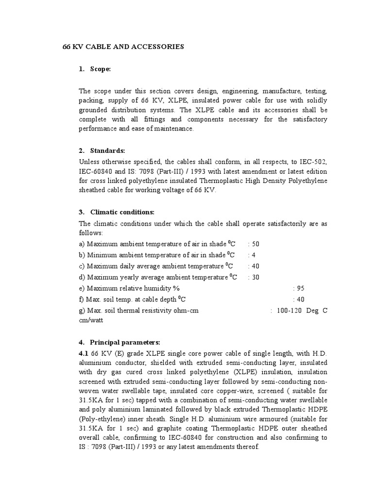 66 KV XLPE Cable Specifications | PDF | Insulator (Electricity ...