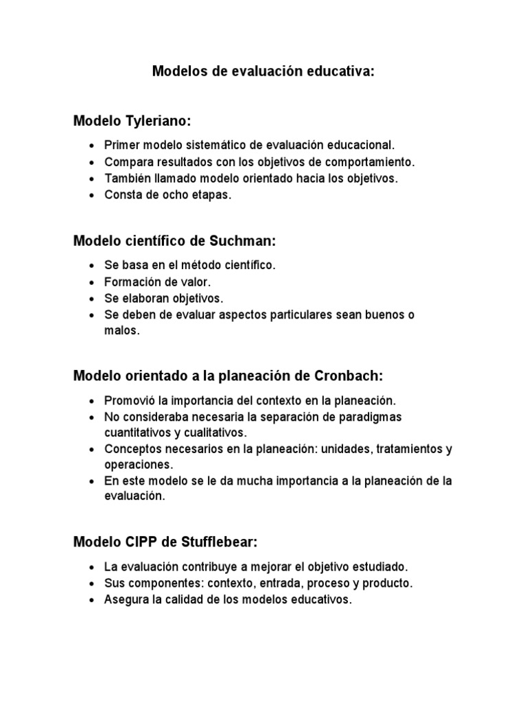 Modelos de Evaluación Educativa. | PDF | Evaluación | Planificación