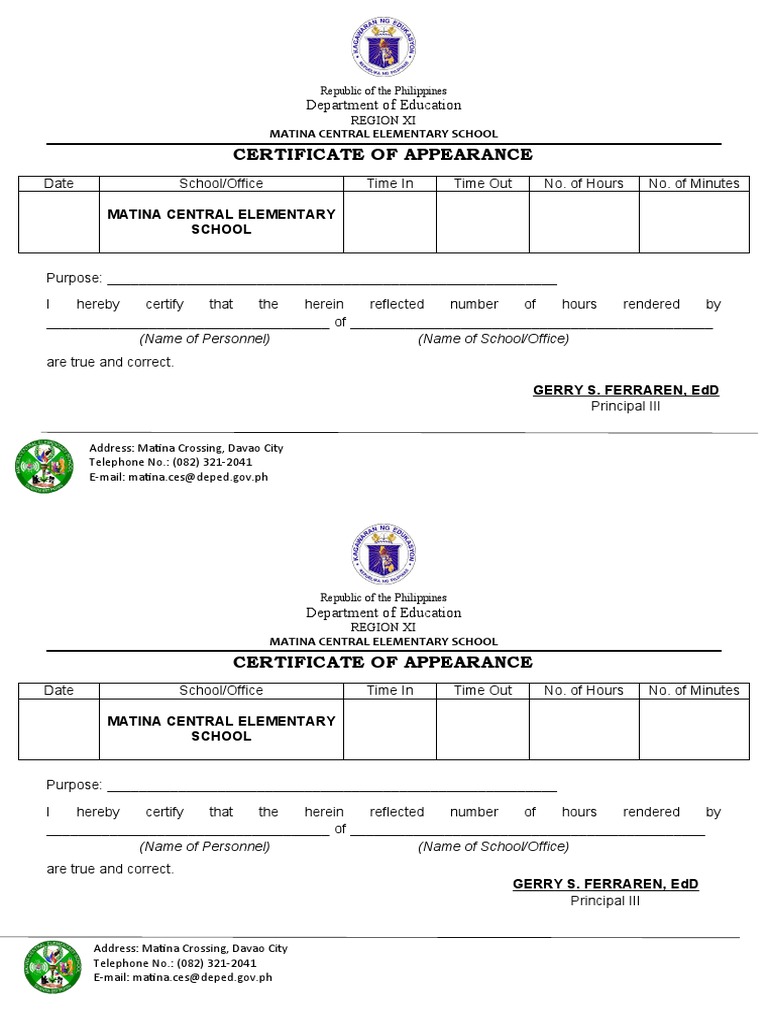 Matina Central Elementary Certificate | PDF