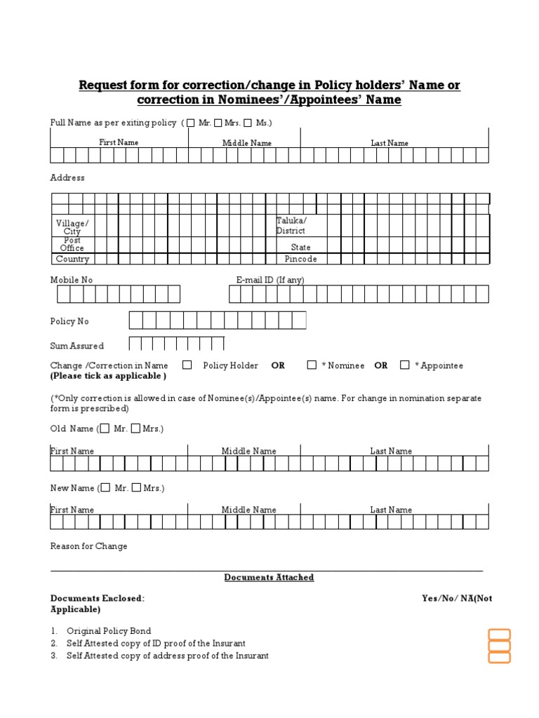 Request Form For Correction/change in Policy Holders' Name or ...