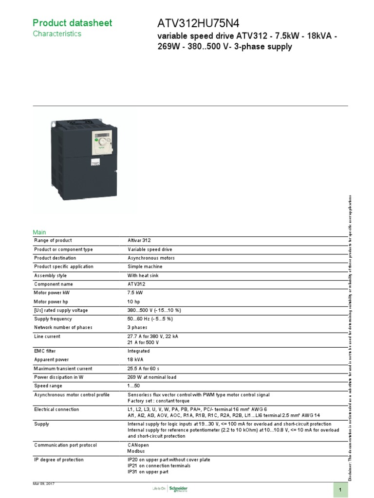 ATV312HU75N4: Product Datasheet | PDF