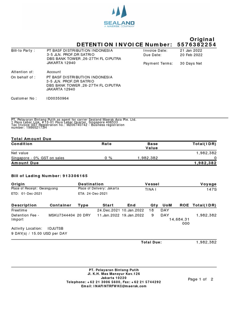 Original DETENTION INVOICE Number: 5576382254: Total Amount Due ...