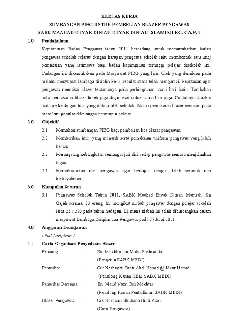Sumbangan PIBG untuk Blazer Pengawas SABK MEDI | PDF