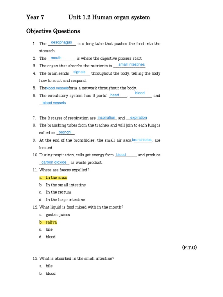 Year 7 Unit 1.2 Human Organ System Objective Questions | PDF